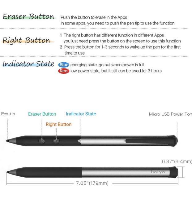Heiyo Surface Pen, Rechargeable Surface Pro Pen Supporting 500-Hour ...
