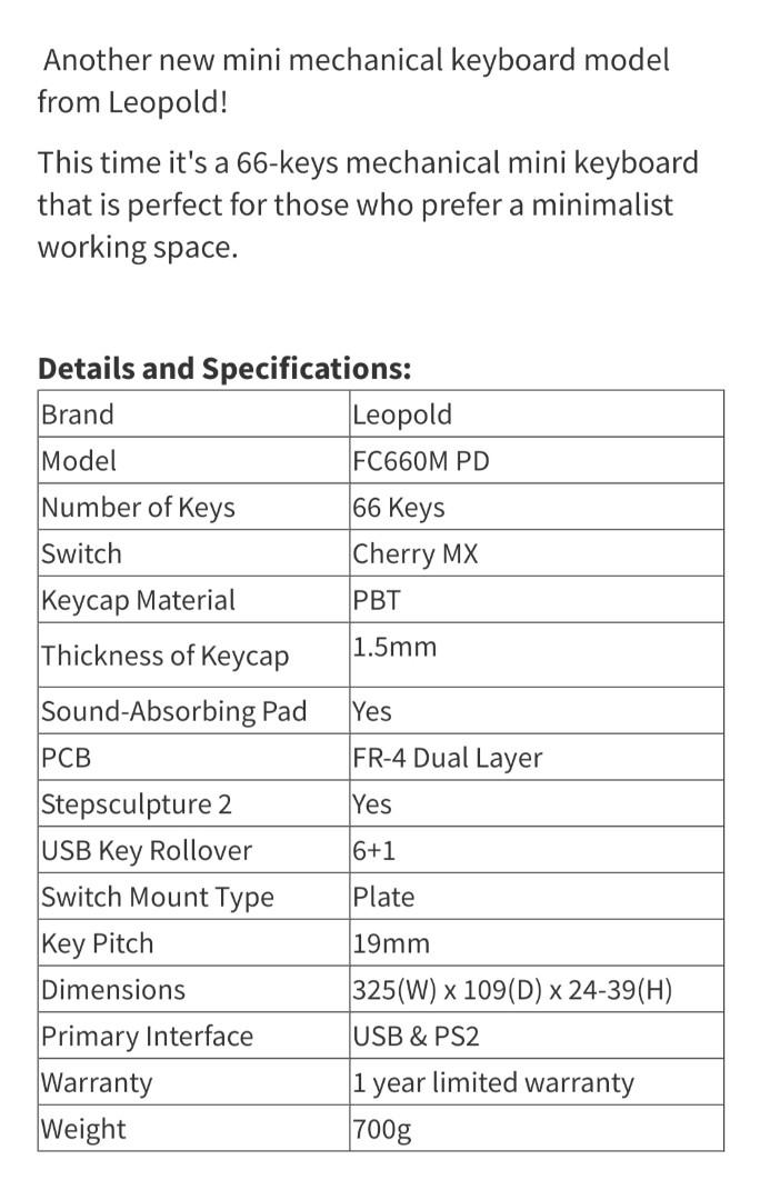 Leopold FC660-M PD 66-key Mechanical Keyboard, Computers & Tech, Parts ...
