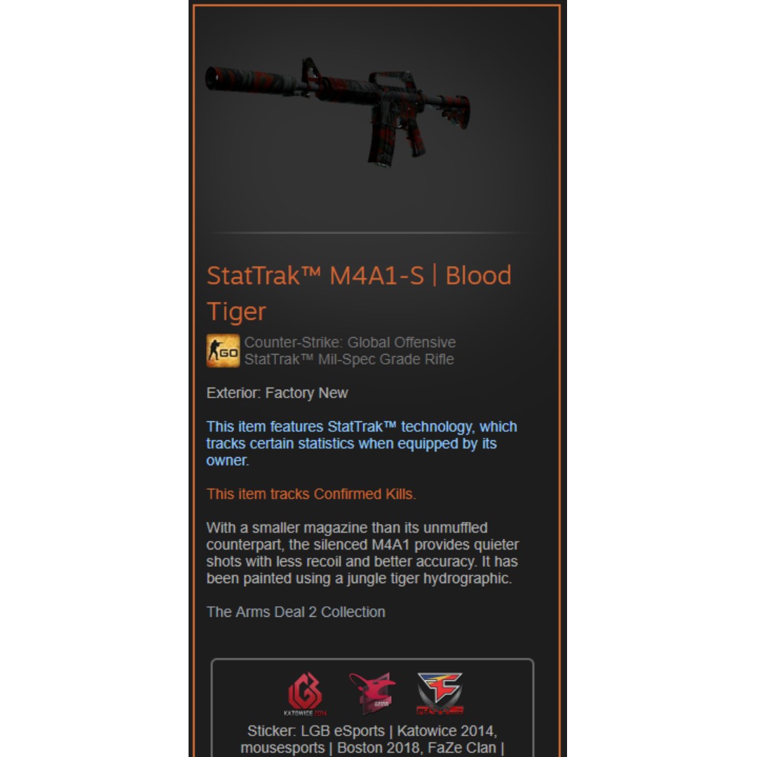ST M4A1-S Blood Tiger LGB Katowice 2014 CSGO CS GO, Video Gaming ...