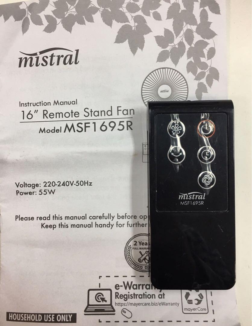 Mistral MSF1695 Stand Fan Remote Control, Furniture & Home Living ...