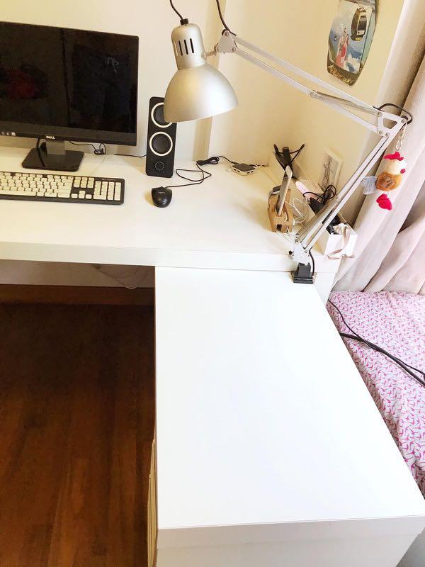 MALM White big study table with pull-out panel, Furniture & Home Living ...