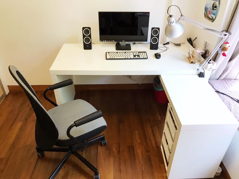 MALM White big study table with pull-out panel, Furniture & Home Living ...