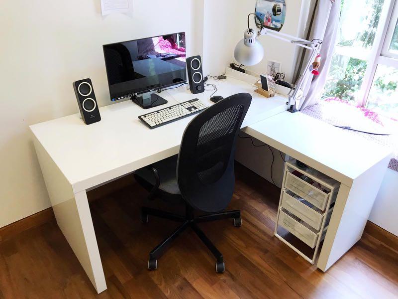 MALM White big study table with pull-out panel, Furniture & Home Living ...