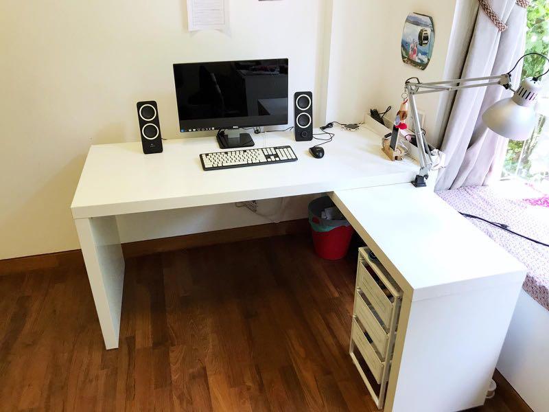 MALM White big study table with pull-out panel, Furniture & Home Living ...