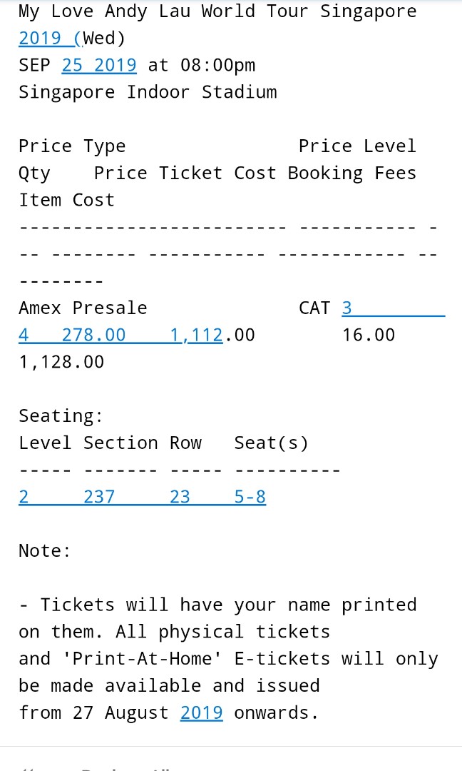 My Love Andy Lau World Tour Singapore 2019 Concert Cat 3 ticket ...