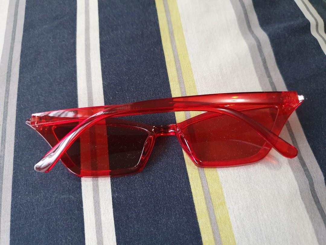 Red Narrow Slim Angular Cat Eye Sunglasses, Women's Fashion, Watches ...