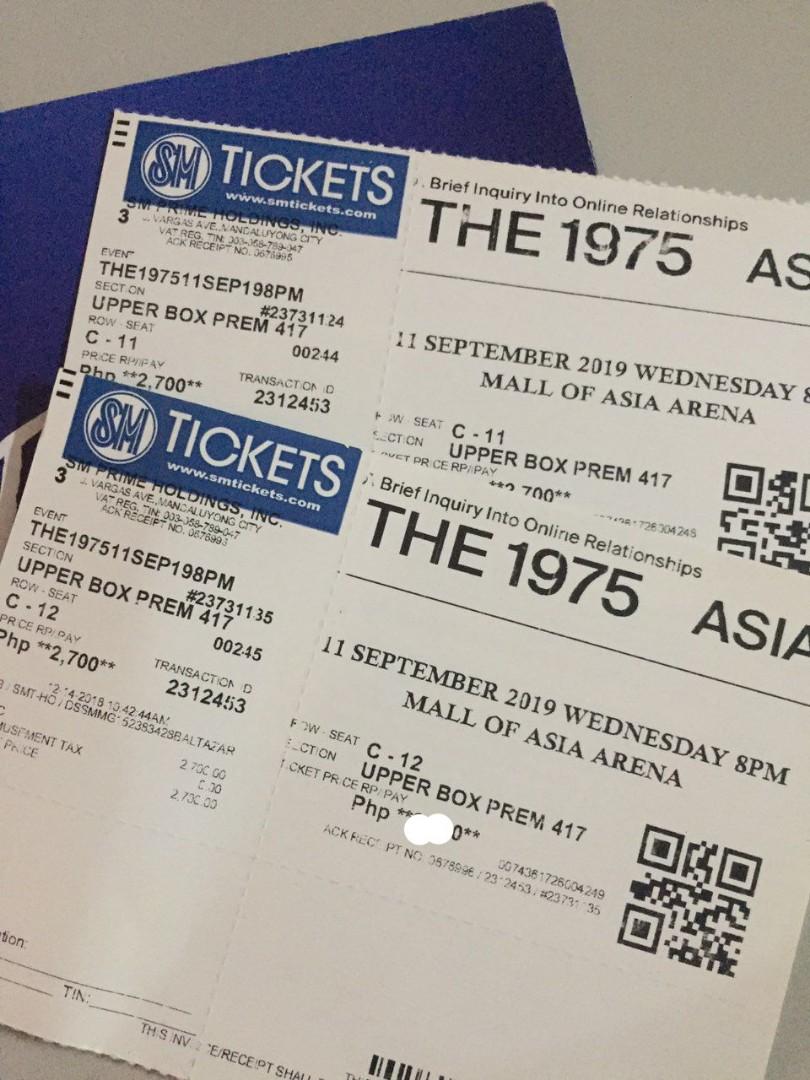 The 1975 Concert Ticket 2 tickets 9/11 MOA, Tickets & Vouchers, Event ...