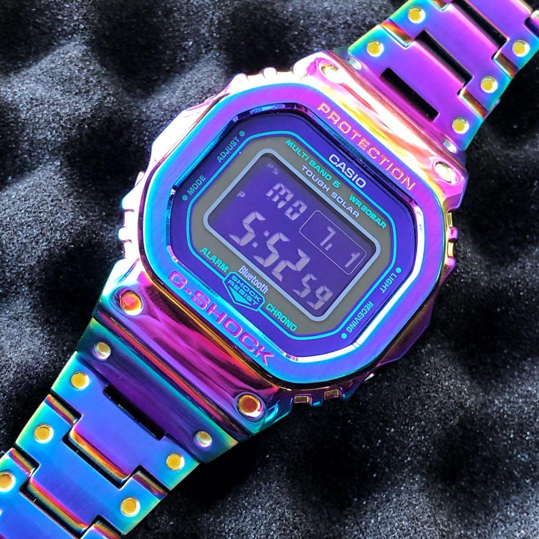 Casio G-Shock GW-B5600BL-1 in metal bezel and bracelet in rainbow ...