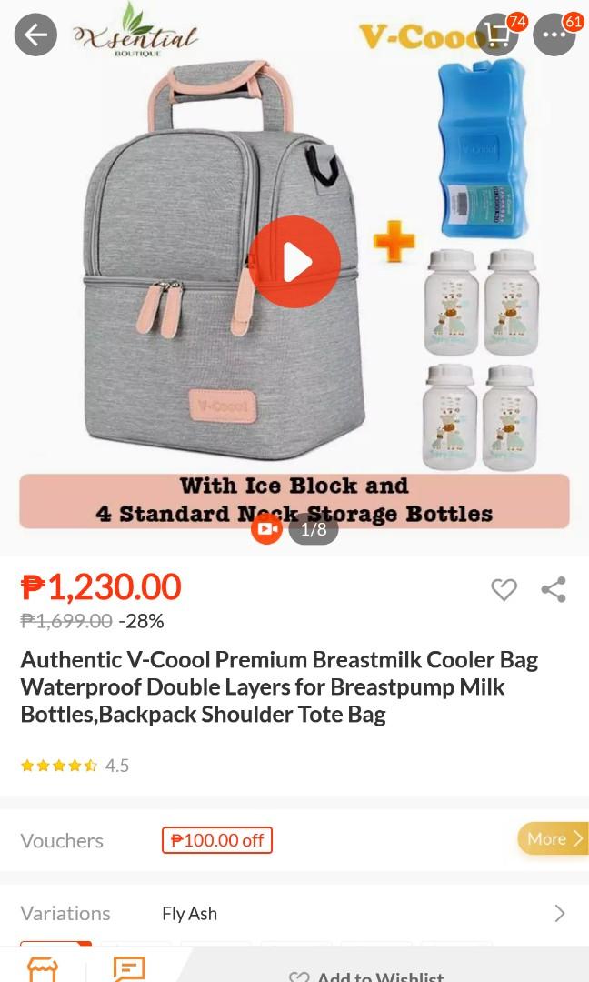 Vcool Premium Breastmilk Cooling bag with ice block and bottles, Babies ...