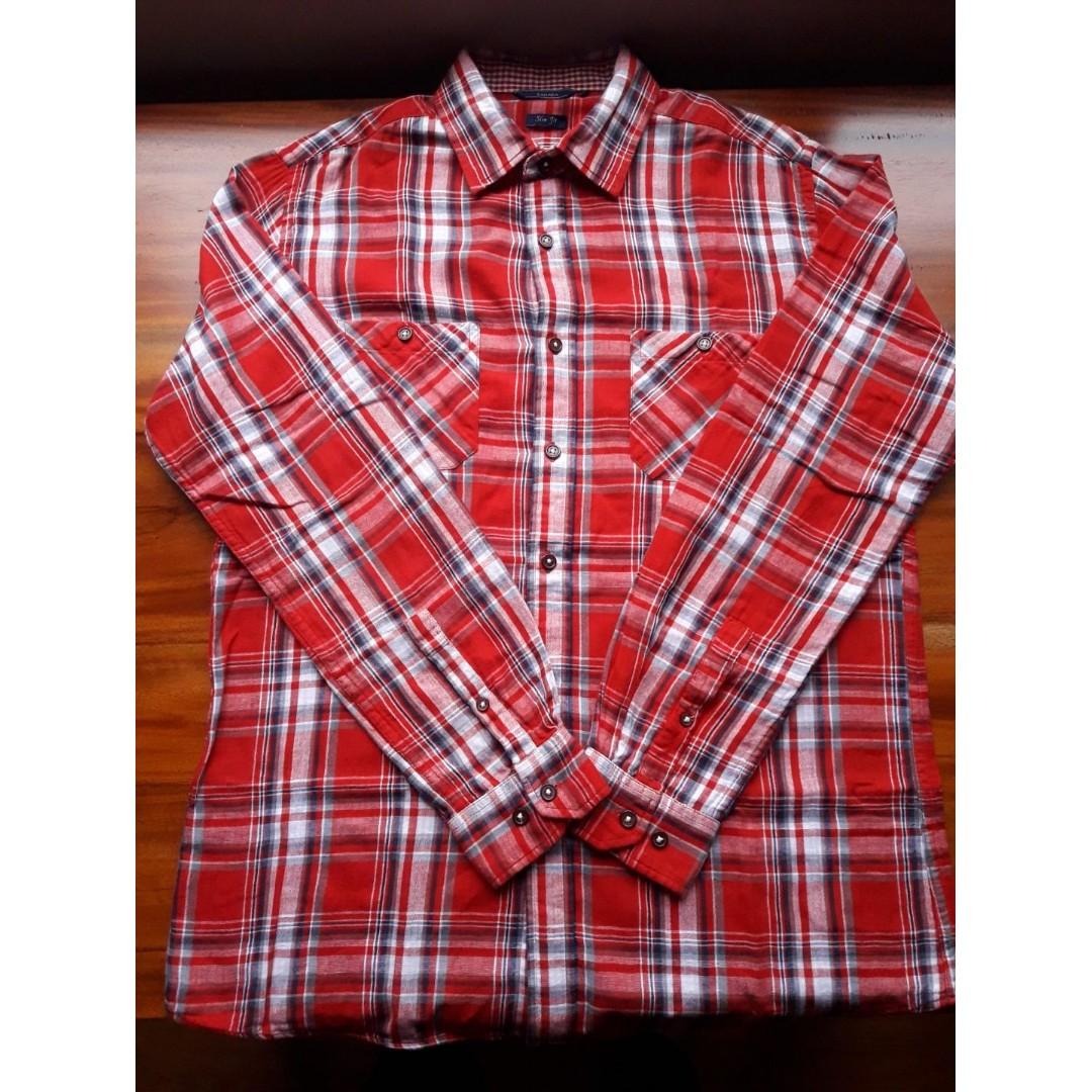 Sahara Red Checkered Long Sleeve Polo Mens Fashion Tops And Sets