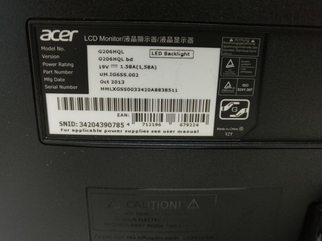 Acer 19" HD+ Monitor G206HQL, Computers & Tech, Parts & Accessories ...