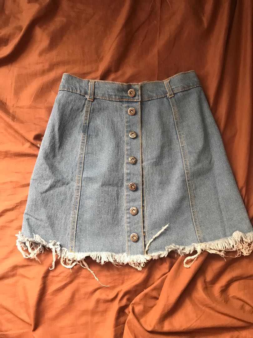 Highwaist denim skirt tattered end, Women's Fashion, Bottoms, Skirts on ...