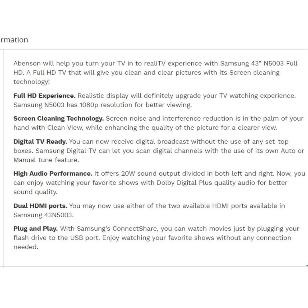 Samsung 43 inch Full HD TV N5003 Series, TV & Home Appliances, TV & Entertainment, TV Parts ...