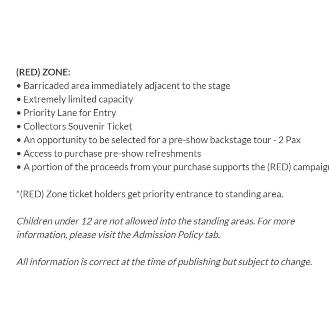 U2 Red Zone Tickets 30 Nov (no mark-up price!), Tickets & Vouchers, Event Tickets on Carousell