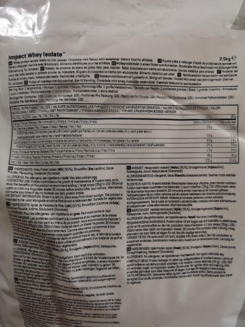 MyProtein impact whey isolate chocolate mint tester one serving, Health ...