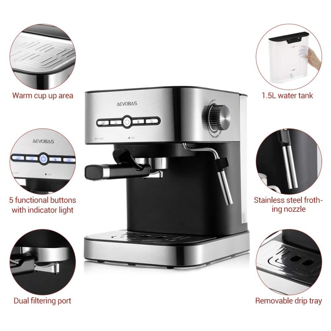 Aevobas Espresso Coffee Maker Machine with Milk Frother & Professional ...