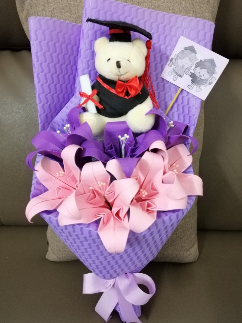 Graduation Bear with hand made Lily flower bouquet, Hobbies & Toys ...