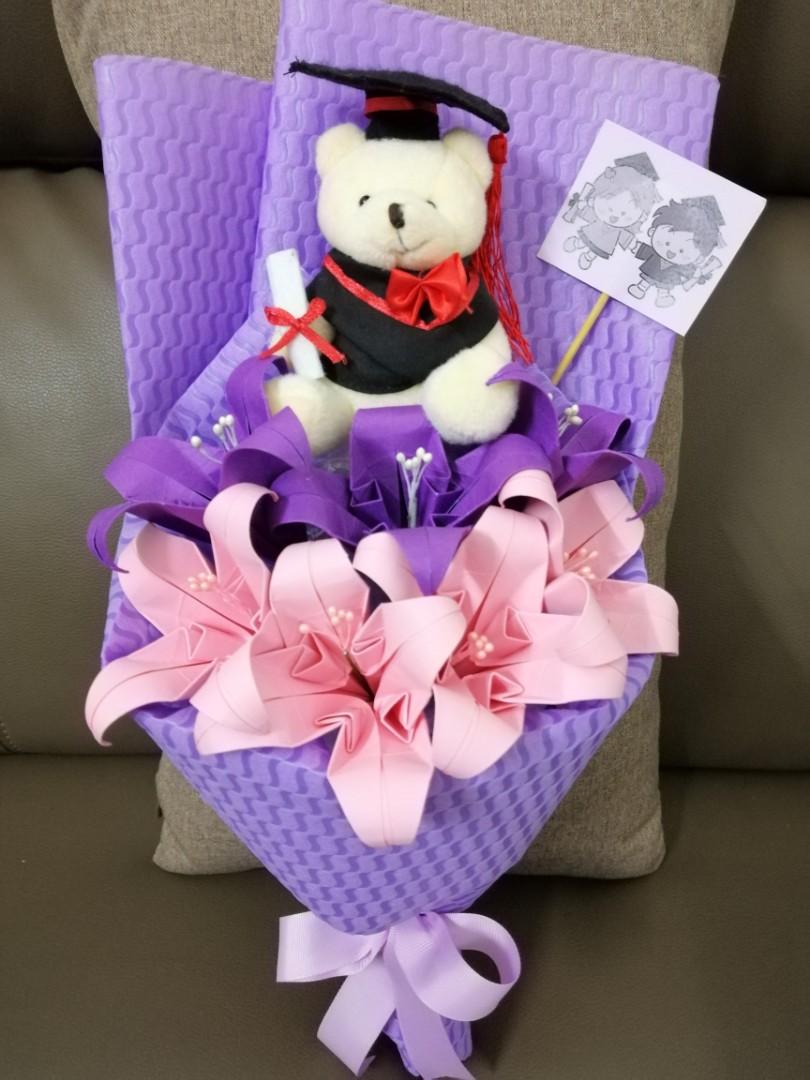 Graduation Bear with hand made Lily flower bouquet, Hobbies & Toys ...