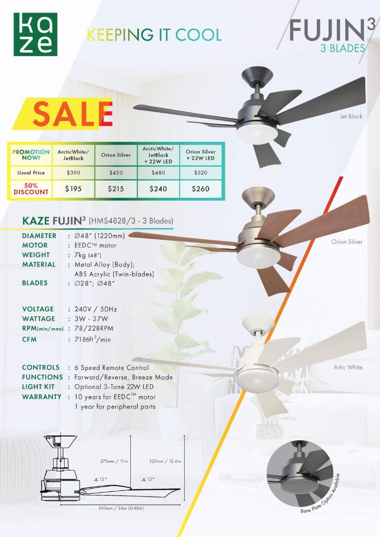 3 blades Kaze DC Ceiling Fan, Furniture & Home Living, Lighting & Fans ...
