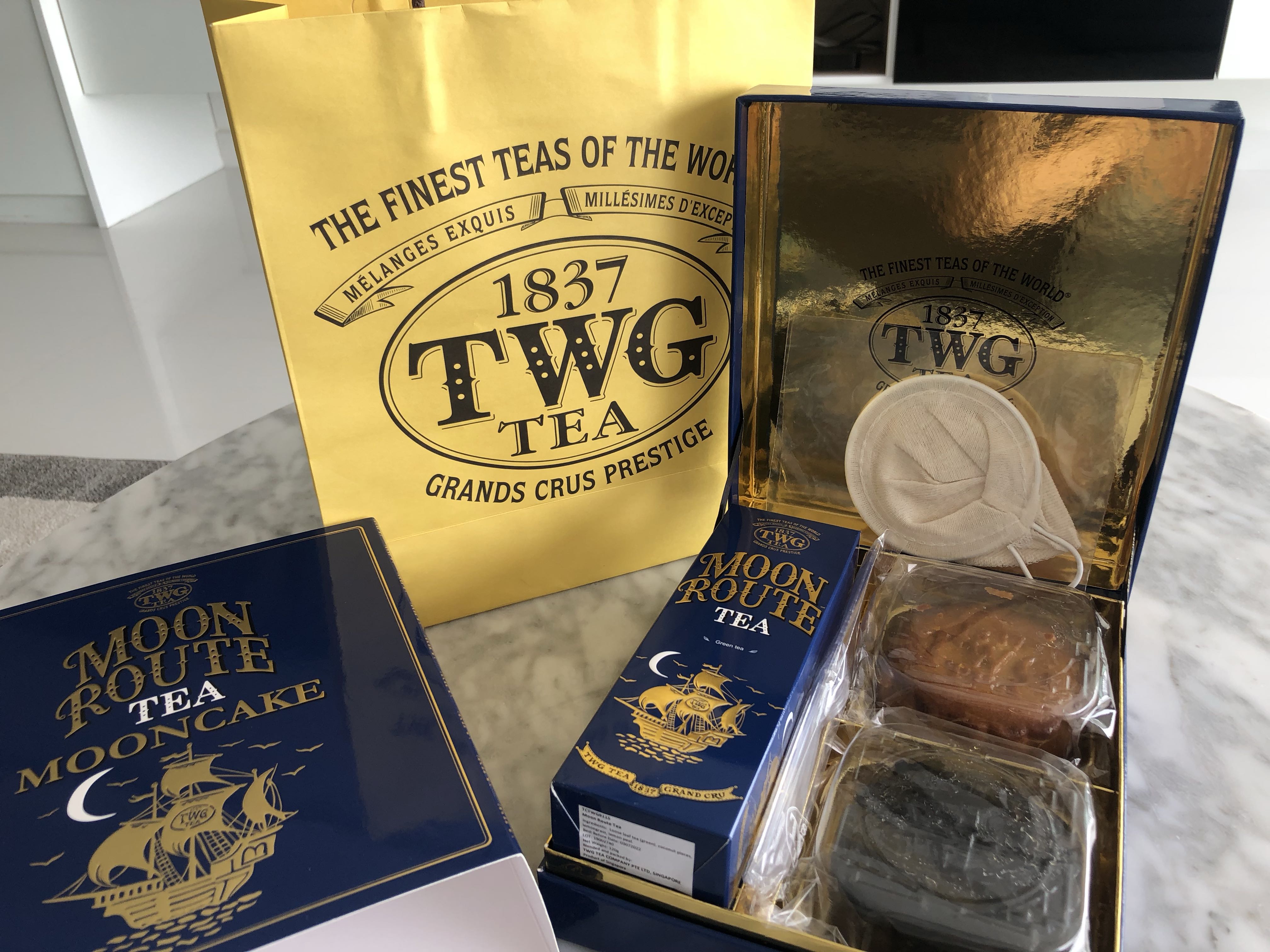 TWG traditional mooncake with moon route tea and tea filter, Food & Drinks, Beverages on Carousell