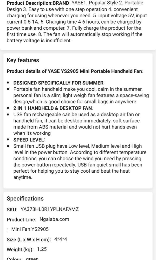 YASE USB Fan, Furniture & Home Living, Lighting & Fans, Fans on Carousell