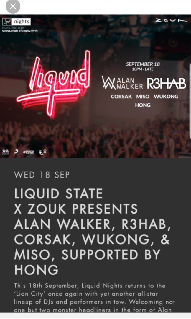 ZOUK TICKET ALAN WALKER 18 sept, Tickets & Vouchers, Event Tickets on ...