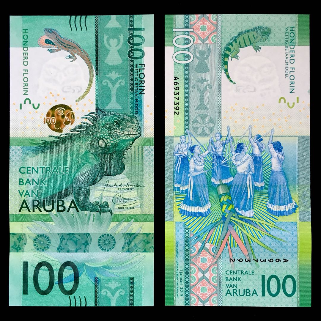 2019 ARUBA 100 FLORIN P-24 UNC > 3D STRIP IGUANA VERDE DANCERS (IBNS ...