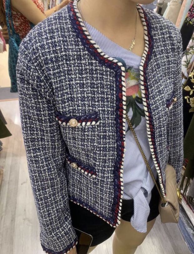 Chanel blue royal outer tweed, Fesyen Wanita, Pakaian Wanita, Baju ...