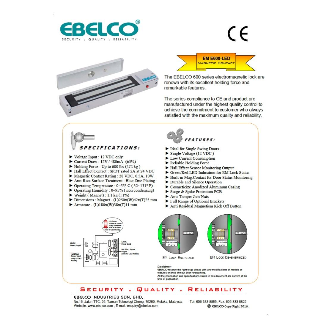 Ebelco EM Lock 600LB LED, ElectroMagnetic Lock, w Magnetic Contact ...
