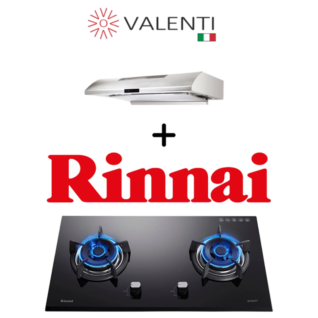 RINNAI RB-72G 2 BURNER HYPER FLAME BUILT-IN GLASS HOB + VALENTI VH3129-TS 90CM SLIMLINE HOOD, TV ...