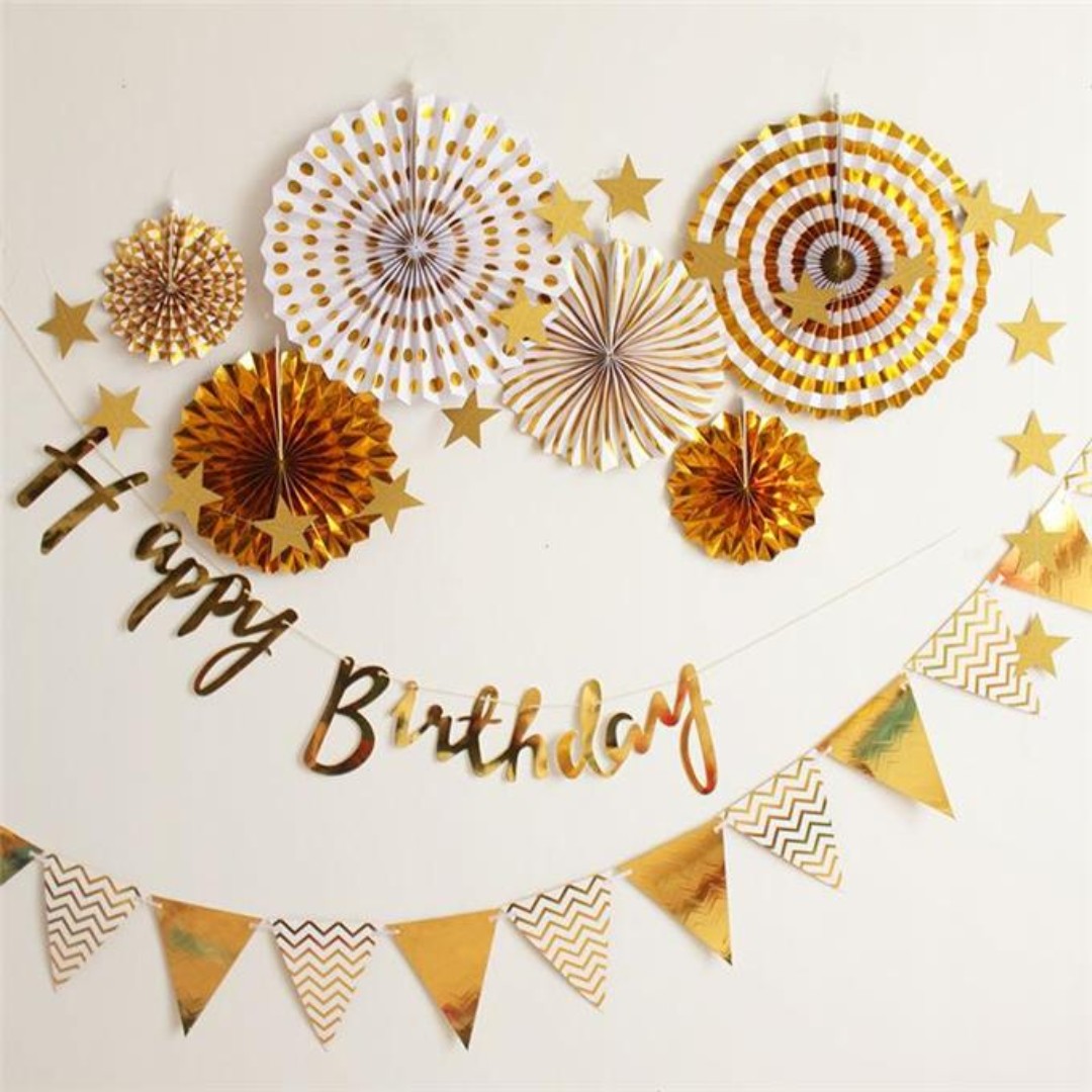 Simple Happy birthday party fan complete DIY deco set (Gold), Books ...
