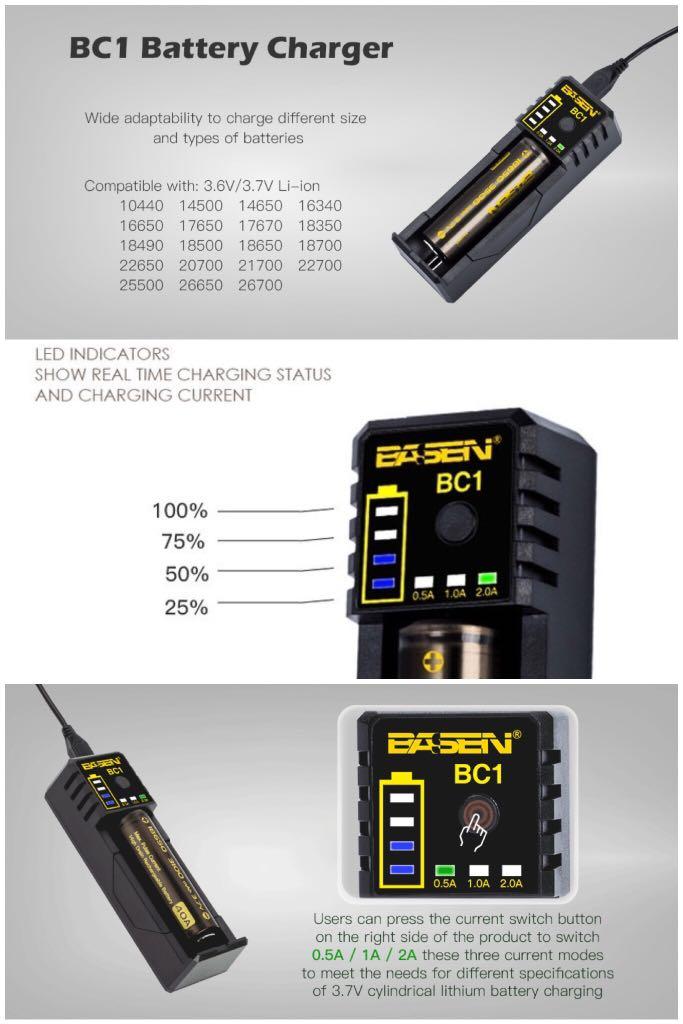 Basen BC1 Single Slot Lithium Battery Charger Single bay 2A Fast Charge ...