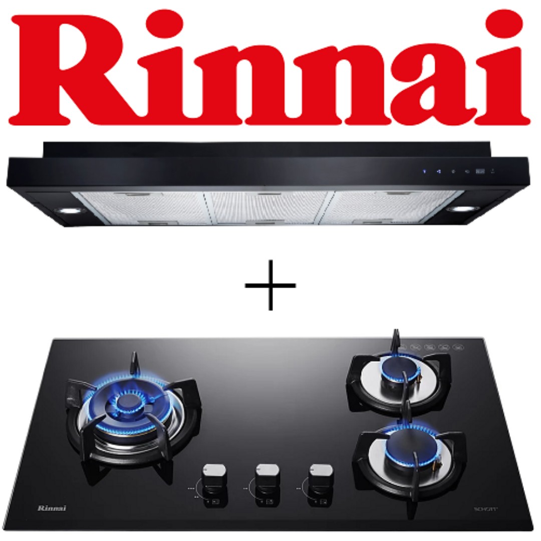 RINNAI RH-S329-PBR 90CM SLIMLINE HOOD WITH TOUCH CONTROL + RINNAI RB-73TG 3 BURNER HYPER FLAME ...