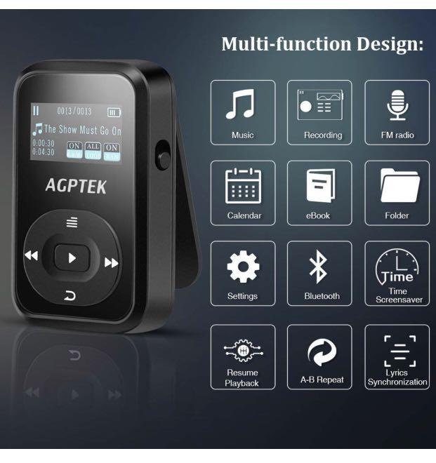 Clip MP3 Player with Bluetooth 4.0, AGPTEK 8GB Lossless Music Player ...