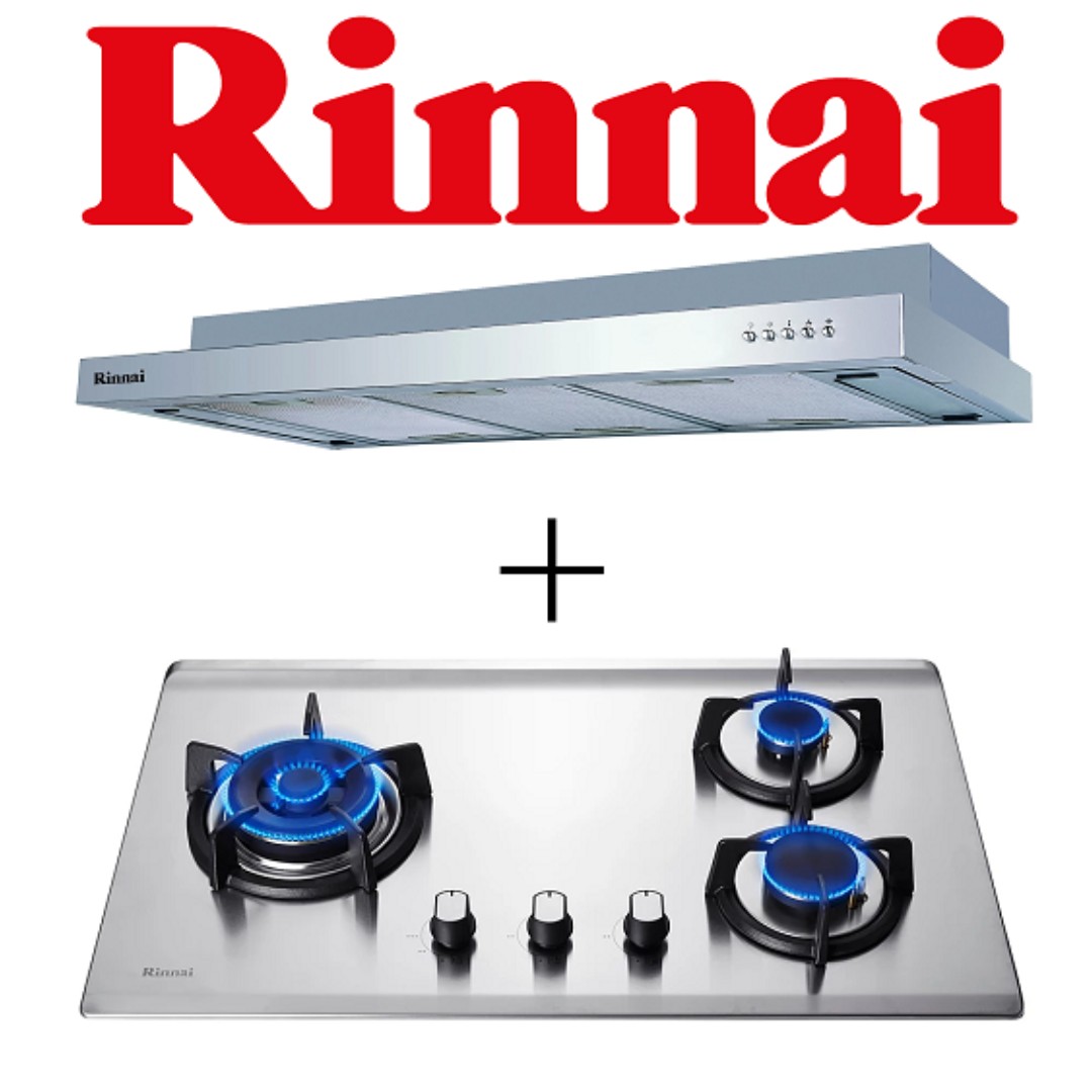 Rinnai RH-S239-SSR Stainless Steel Slimline Hood + RINNAI RB-73TS 3 BURNER HYPER FLAME STAINLESS ...