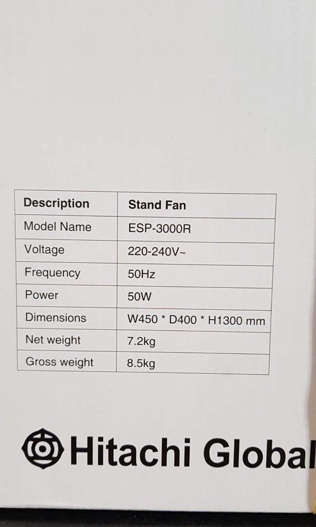 FS: Brand new Hitachi Stand Fan ESP3000R with remote control, Furniture ...