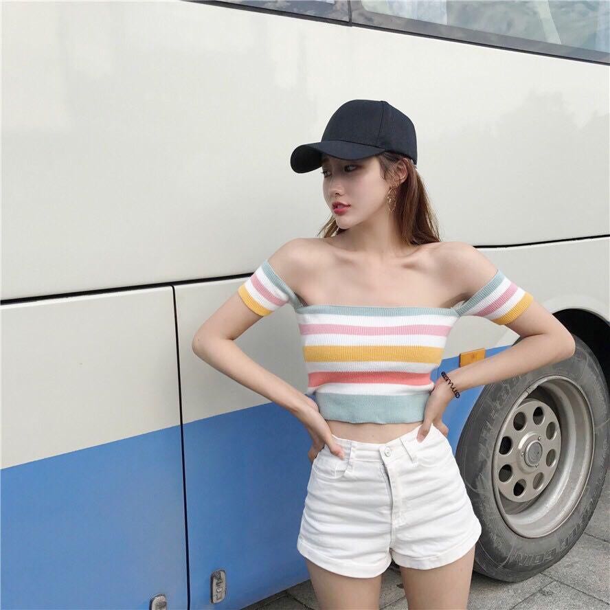 off shoulder pastel top, Women's Fashion, Tops, Sleeveless on Carousell