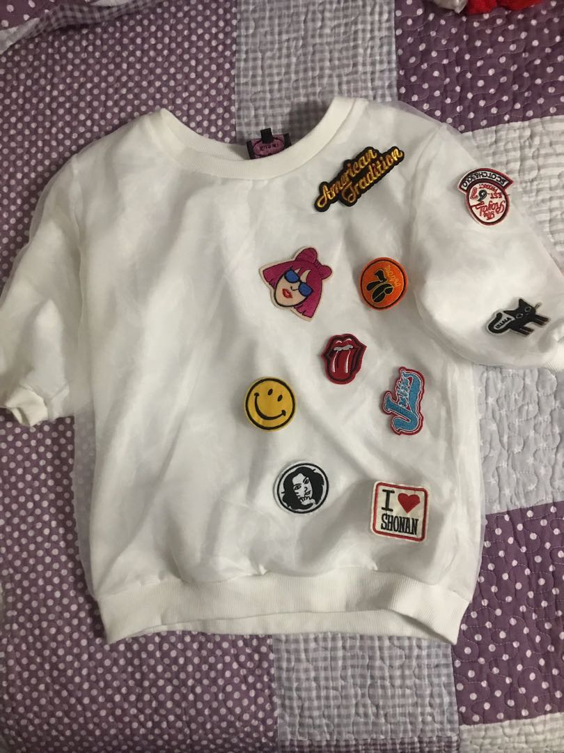 White Shirt with Patches on Mesh, Women's Fashion, Tops, Others Tops on ...