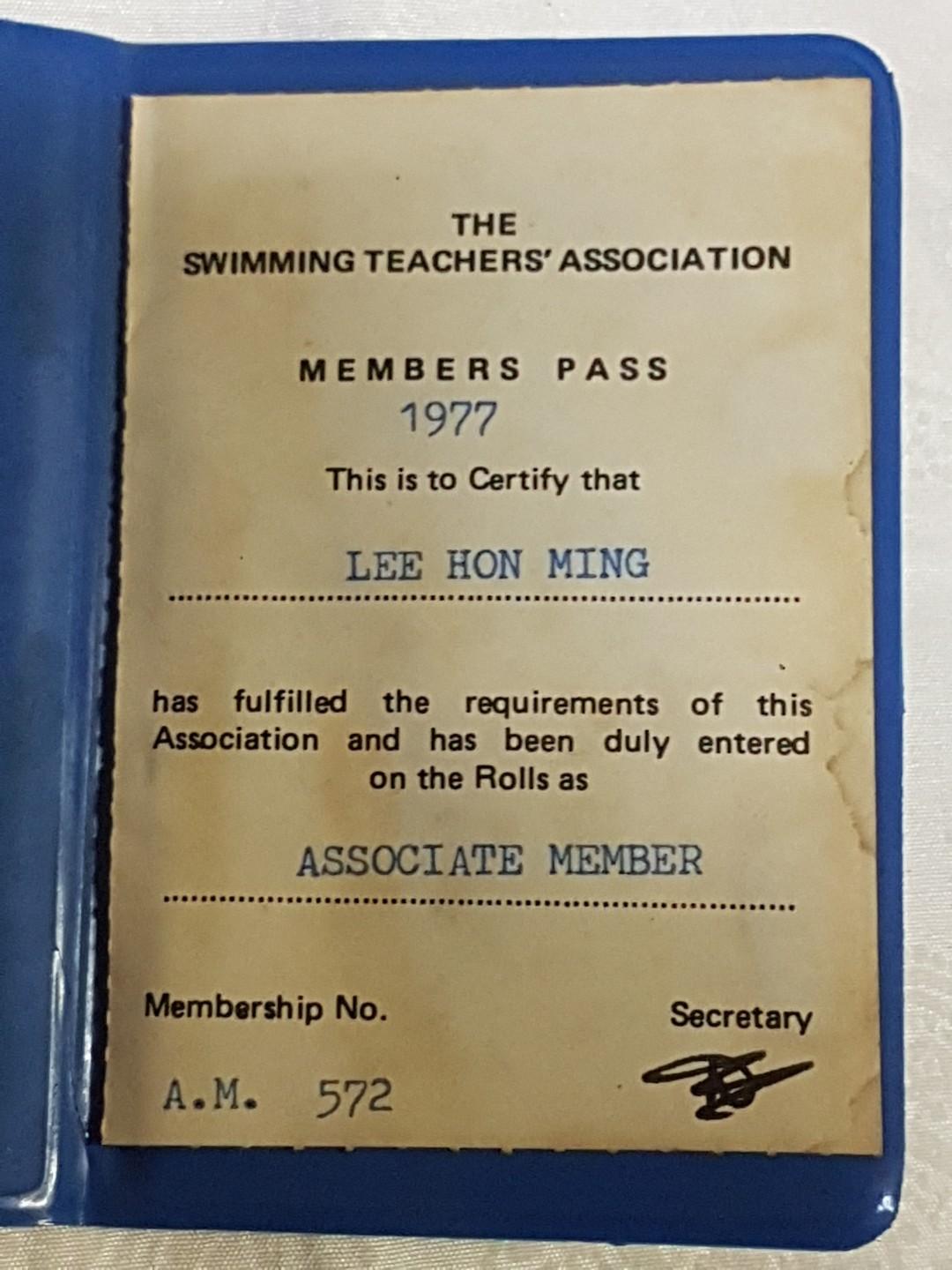 Singapore The Swimming Teachers' Association Members Pass 1977, Hobbies ...