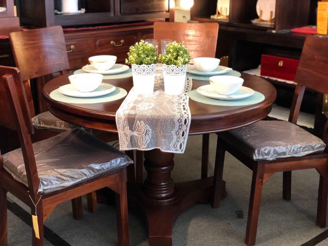 Warehouse Sale 18 Jan to 25 Jan 2026 French Full Solid Wood Teak Round Dining Table 4 Chairs ...