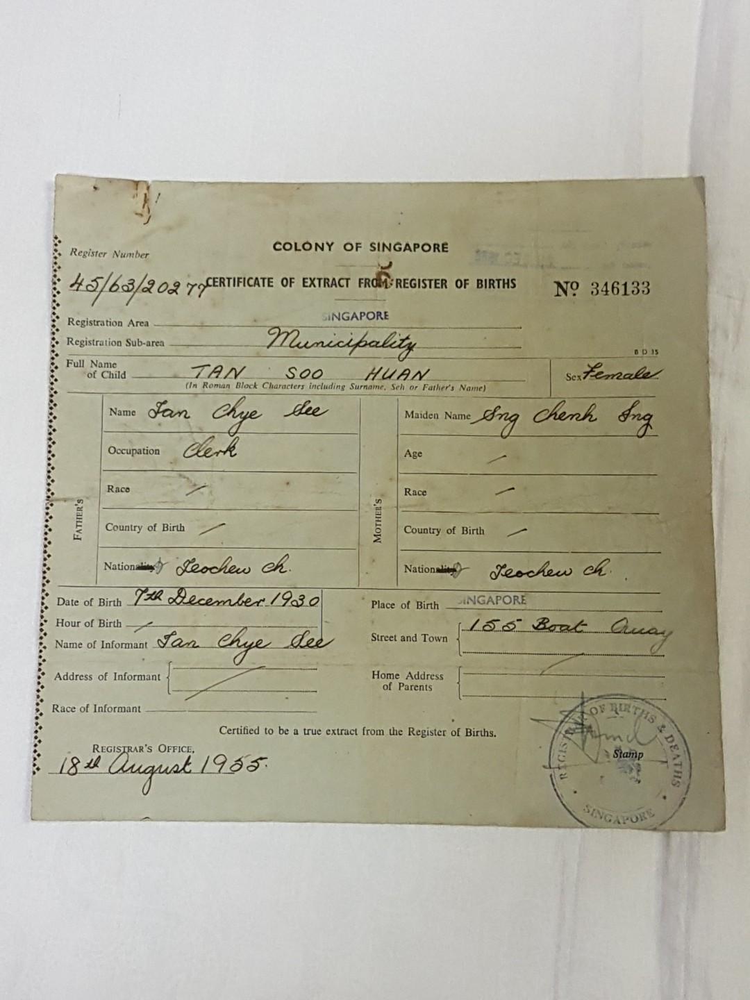 Colony Of Singapore Certificate Of Extract From Register Of Births ...