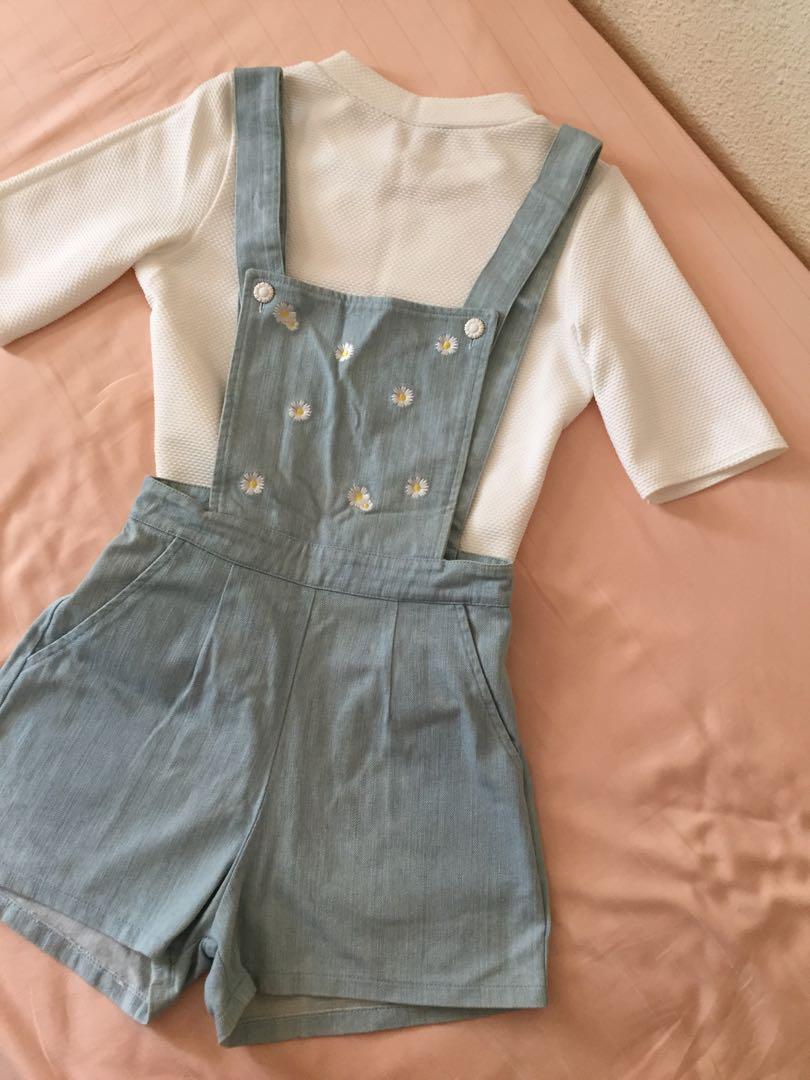 Light Blue Denim Overalls with Daisy Flower Embroidery, Women's Fashion ...