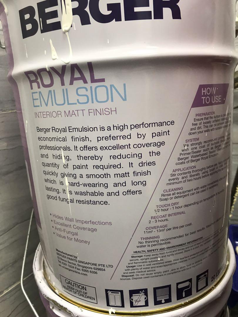 Berger Royal Emulsion (White) 20 litre, Everything Else on Carousell