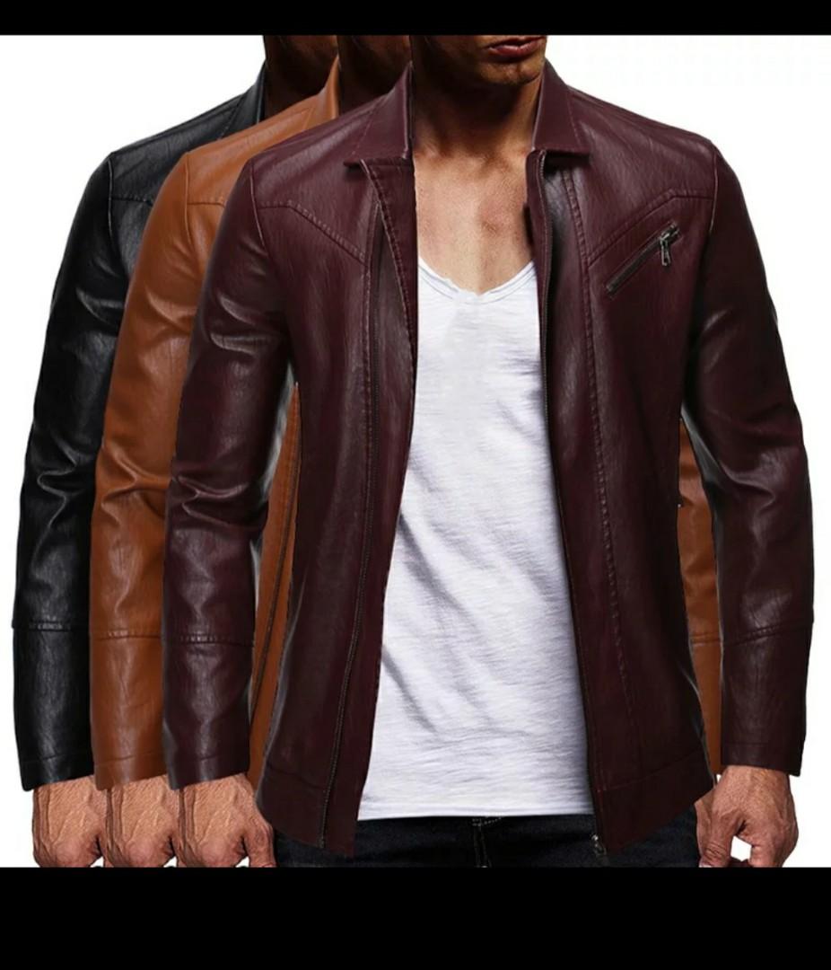 Jacket men Pu faux men Leather Jacket black kaki maroon, Men's Fashion ...