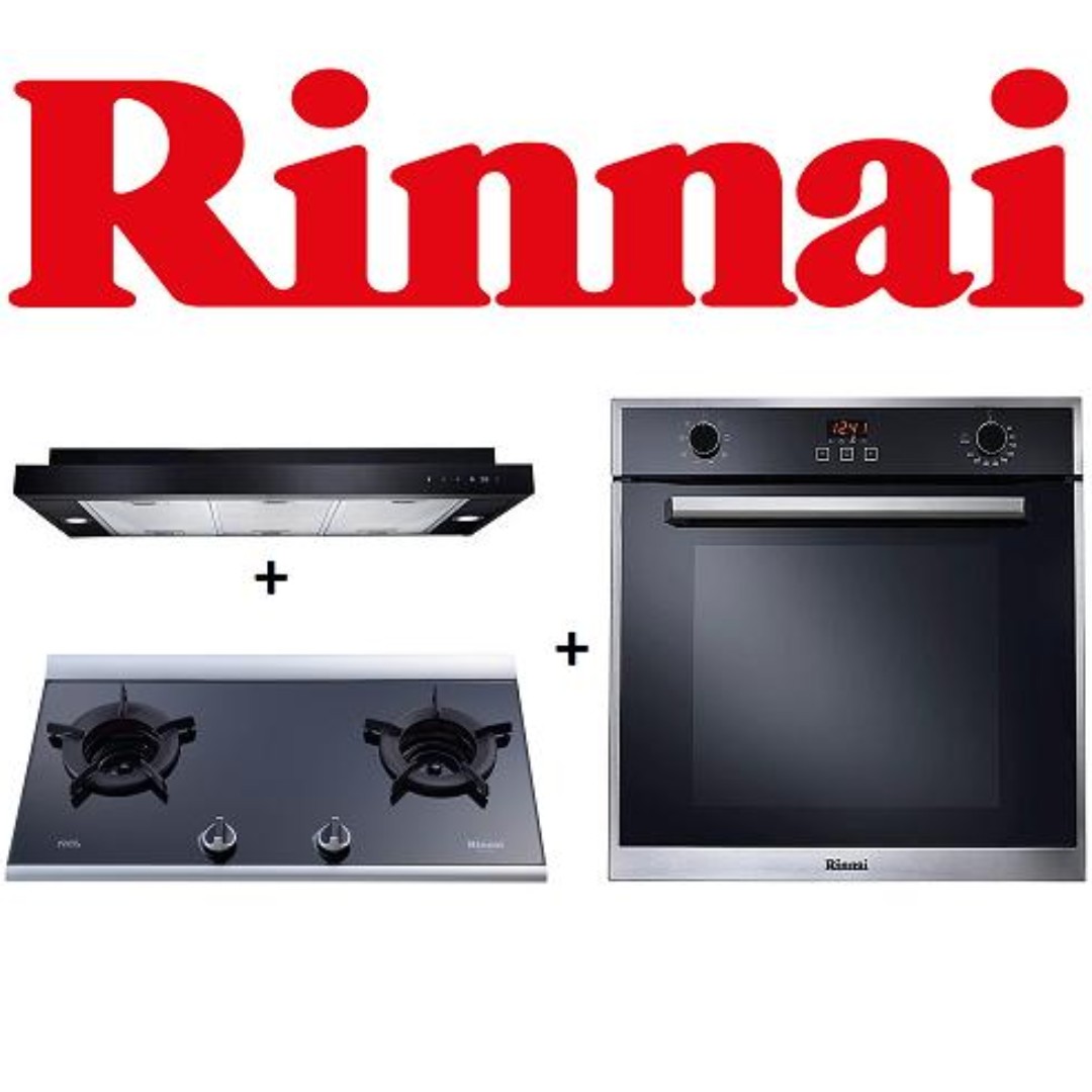 RINNAI RH-S329-PBR 90CM SLIMLINE HOOD + RB-2CGN 2 BURNER INNER FLAME GAS HOB + RO-E6208TA-EM 70L ...