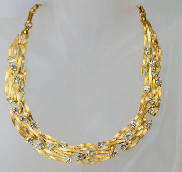 Vintage 1960s Signed Lisner Brushed Gold Rhinestones Necklace, Women's ...