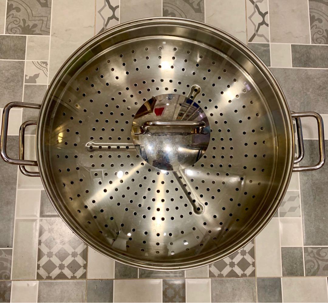 WMF Macau Wok with steamer and lid, 36cm, stainless steel, Furniture & Home Living, Kitchenware ...