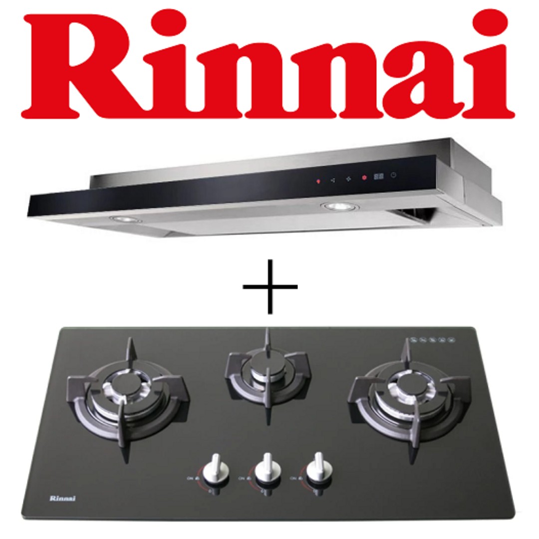 Rinnai RH-S309-GBR-T Slimline Hood With Touch Control + RINNAI RB-7303S-GBSM 3 BURNER GLASS HOB ...