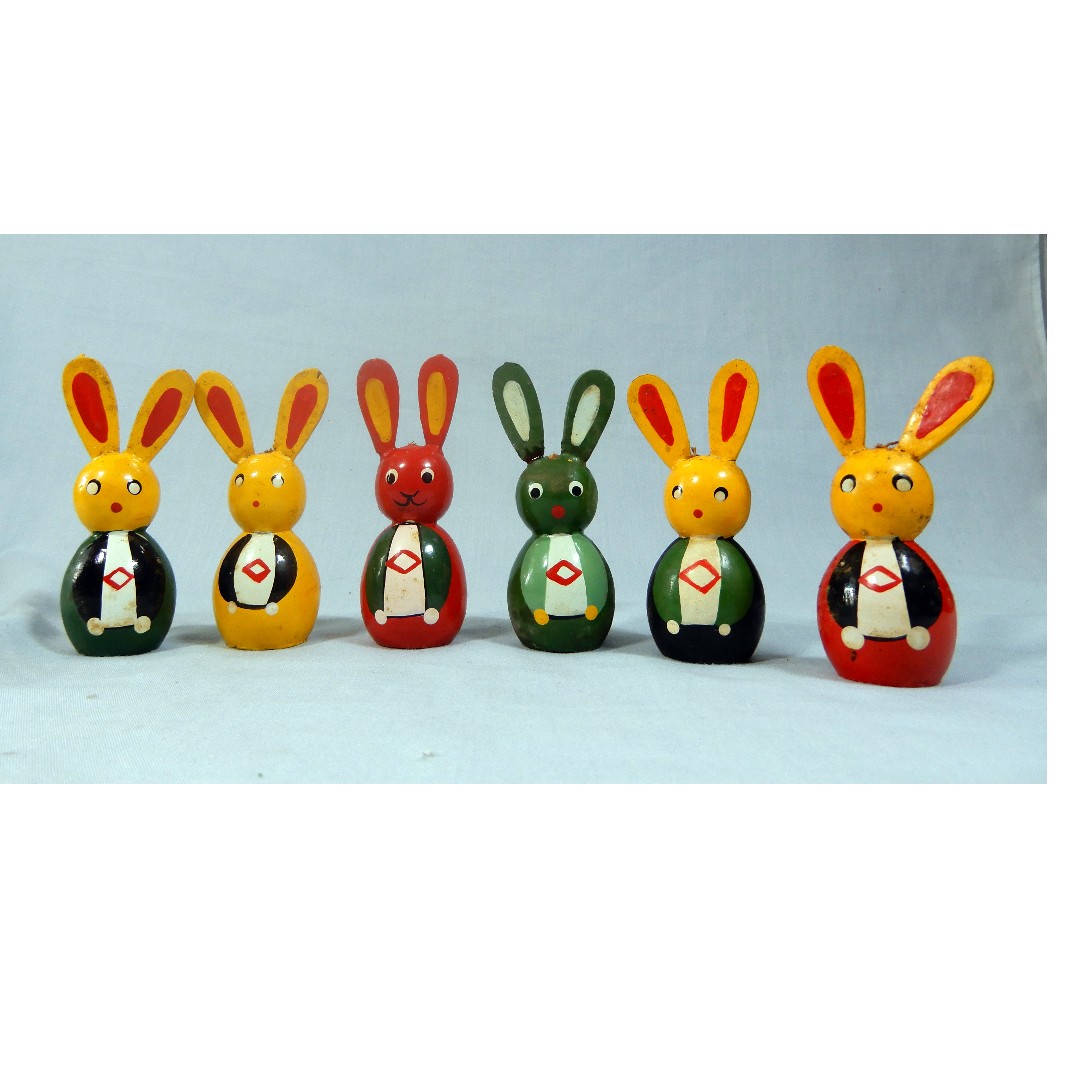 Vintage hand painted wooden bunny rabbits set of 6 unused retired c.mid ...