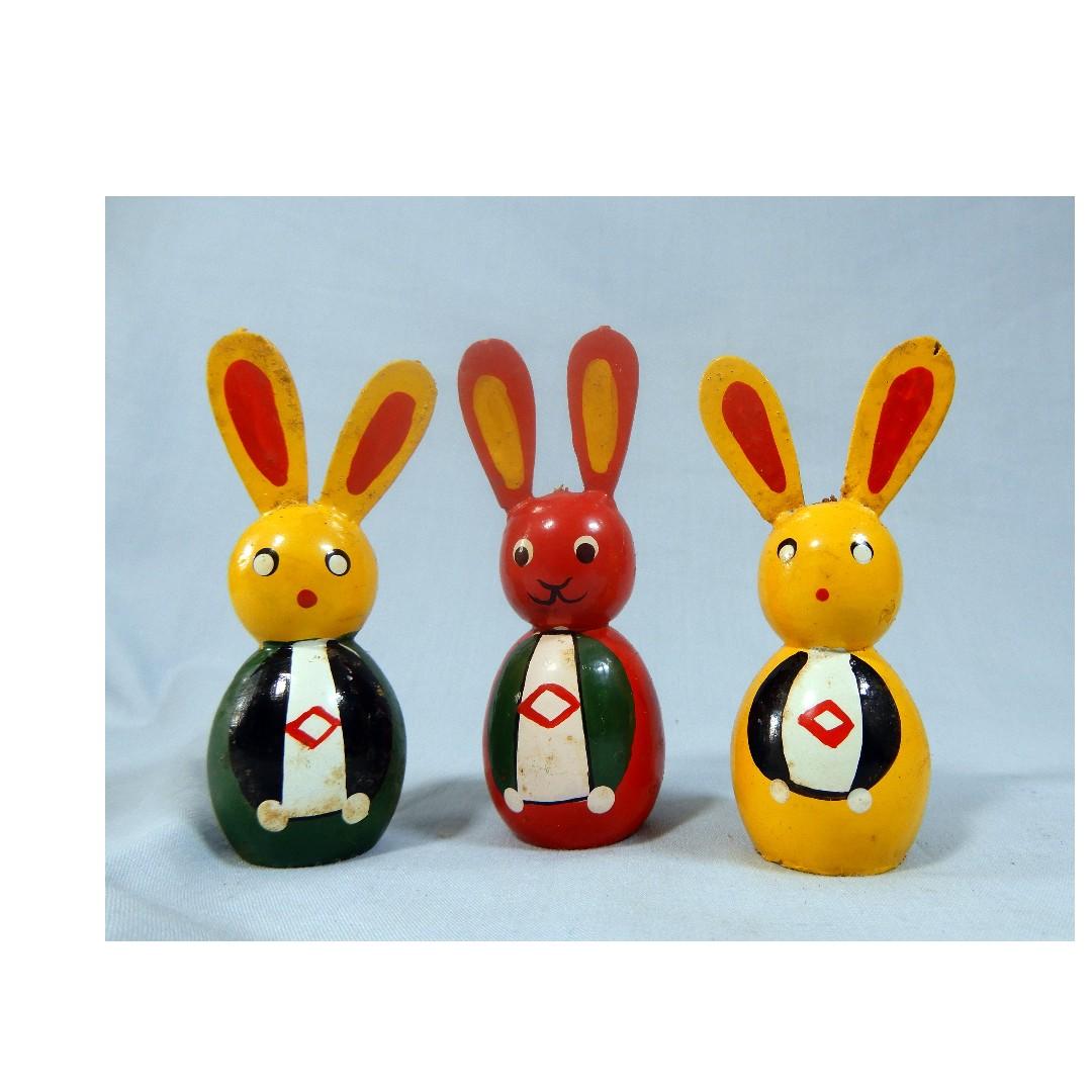 Vintage hand painted wooden bunny rabbits set of 6 unused retired c.mid ...